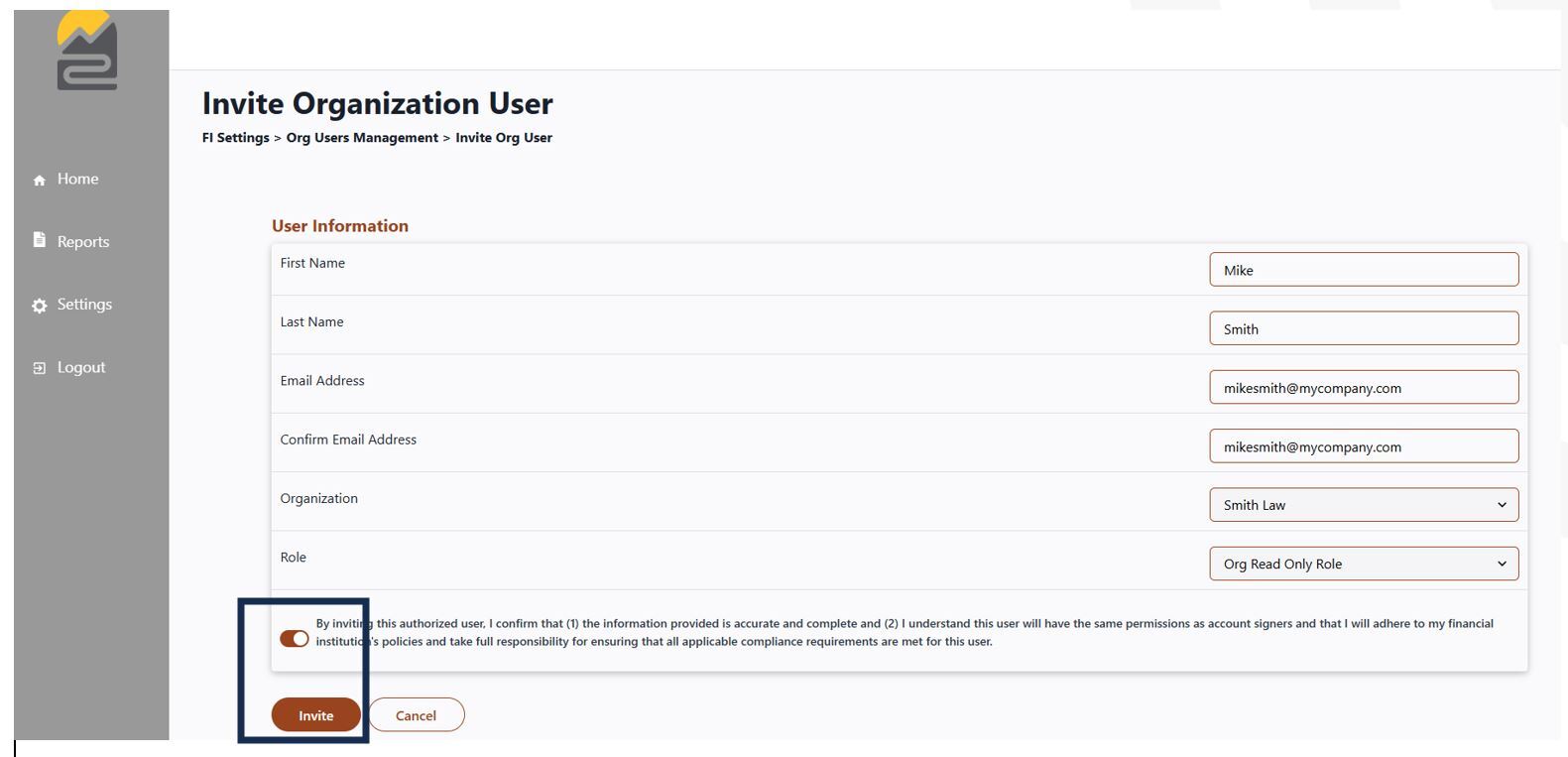 FI Invite Org Users (Admin/Read Only) – Client ZEscrow Support Desk